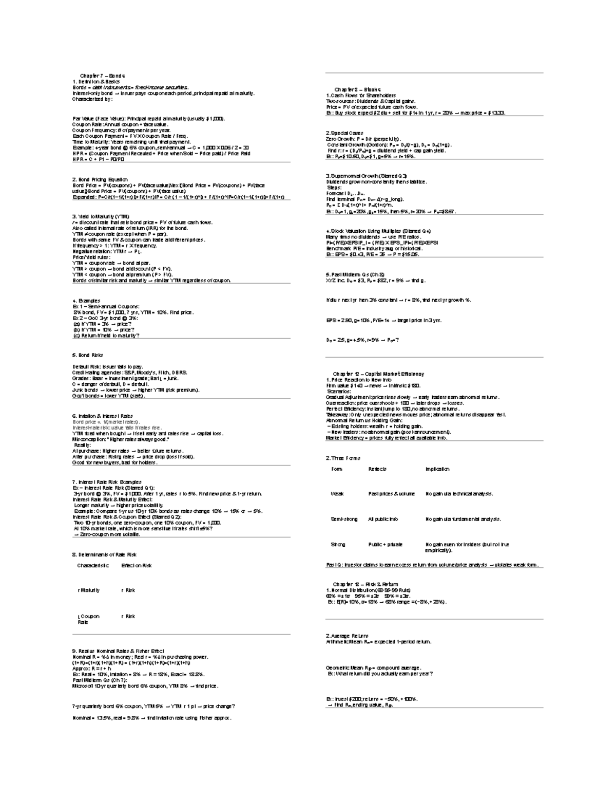 Chapter 7 & 8 Bonds and Stocks Overview - 2FA3 Cheat Sheet - Studocu