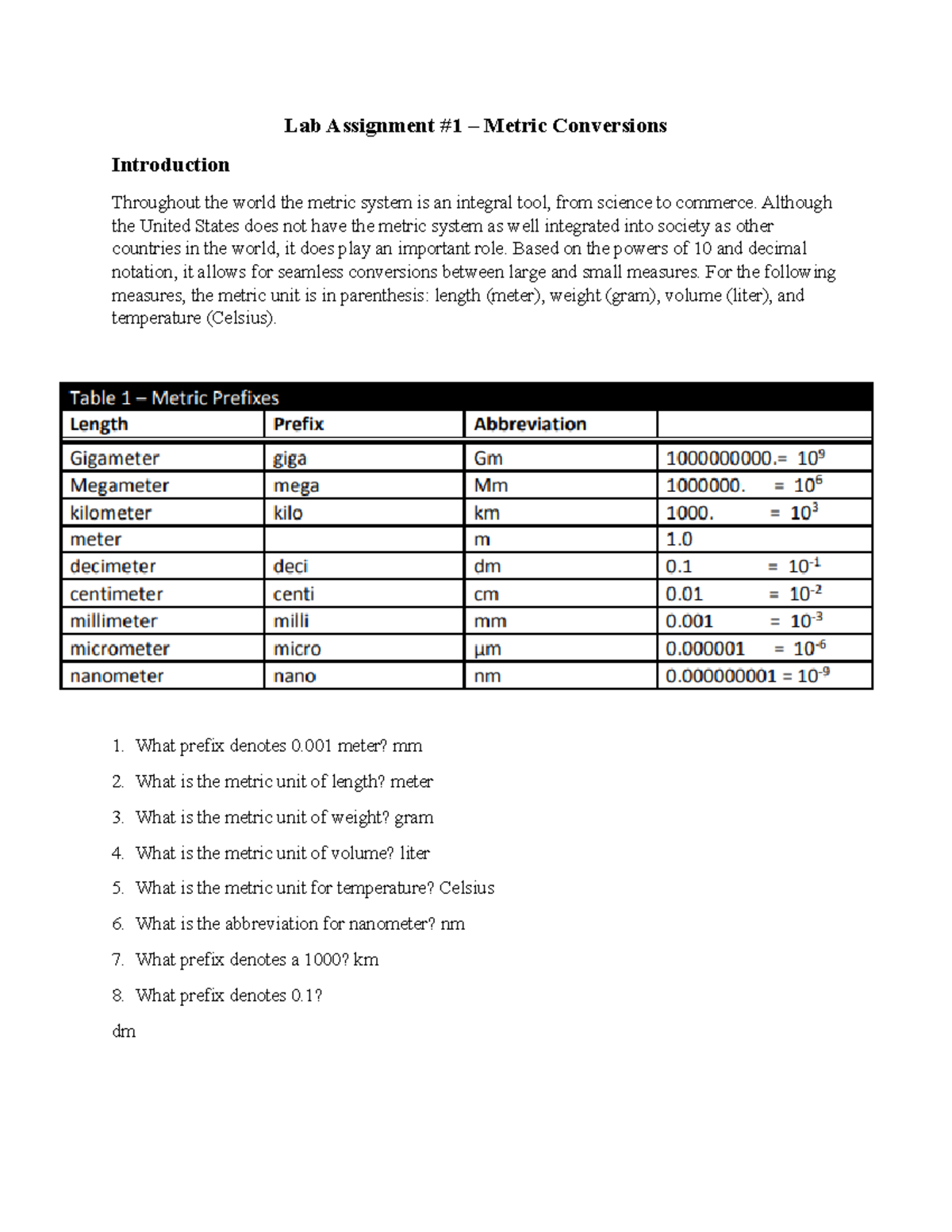 Lab Assignment #1 - Metric Conversions - Lab Assignment #1 – Metric Conversions Introduction ...
