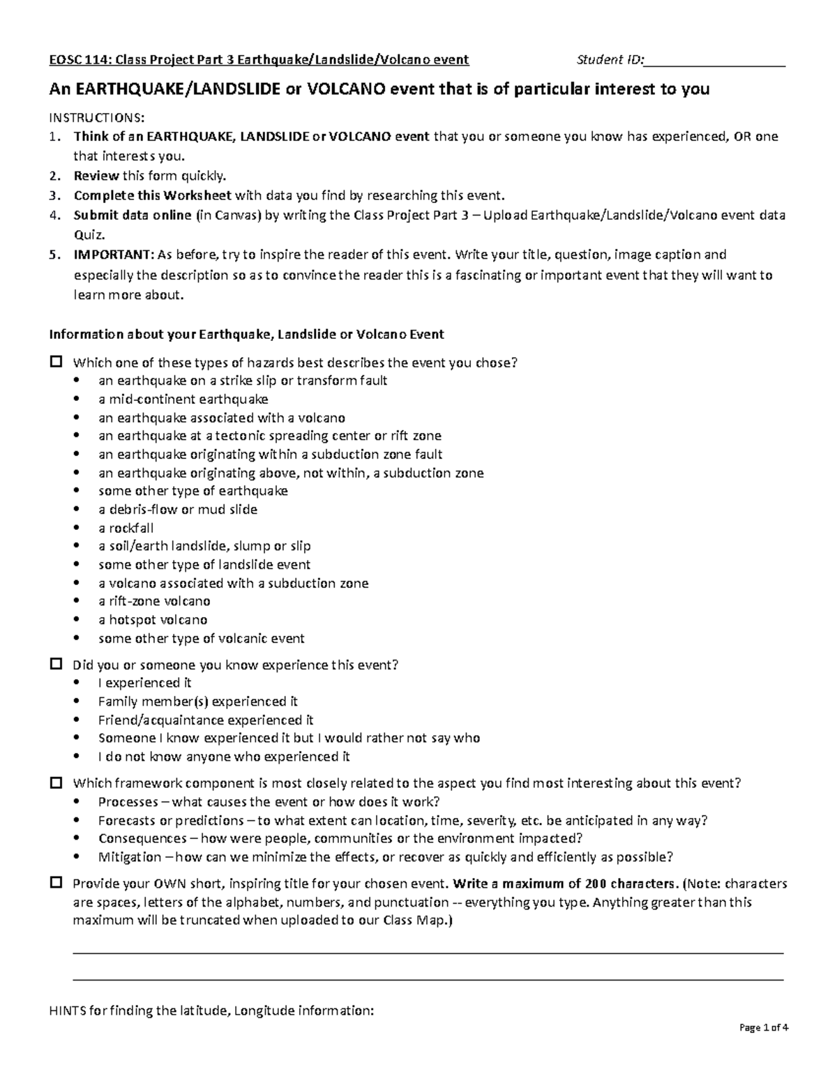 EOSC114 Class Project Part 3- Earthquakes Slides Volcanoes - EOSC 114 ...