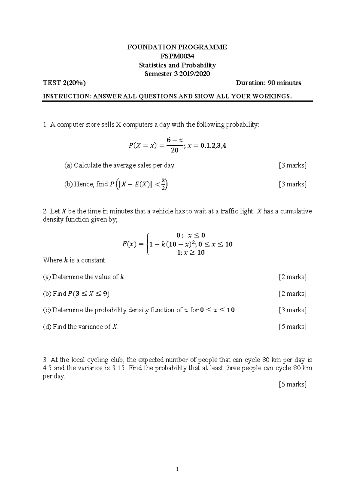 FOUNDATION PROGRAMME FSPM0034 Statistics & Probability SEM3 TEST 2019 ...