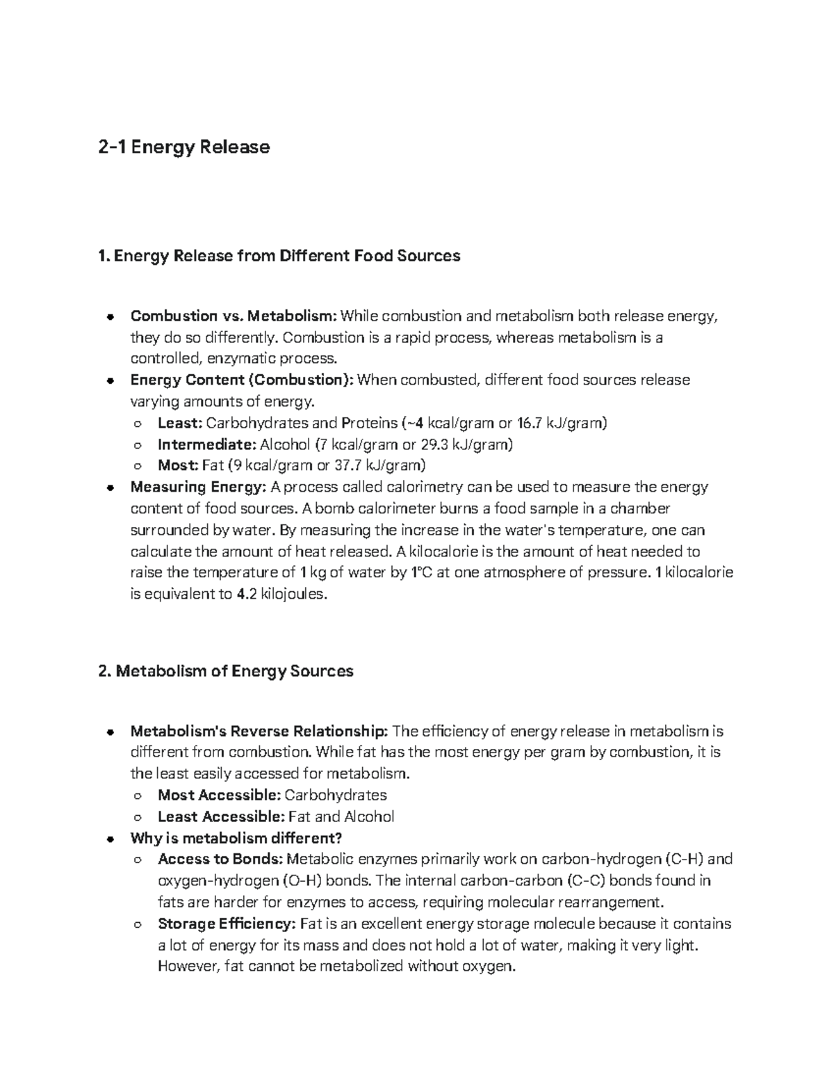 Energy Release 2-1: Combustion vs. Metabolism of Food Sources - Studocu