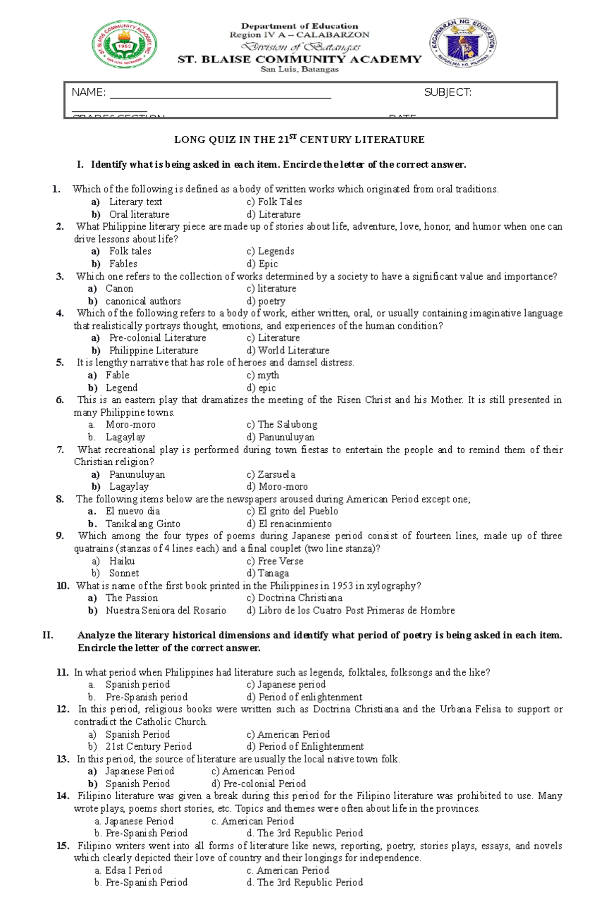 LONG QUIZ IN THE 21ST Century Literature - LONG QUIZ IN THE 21ST ...