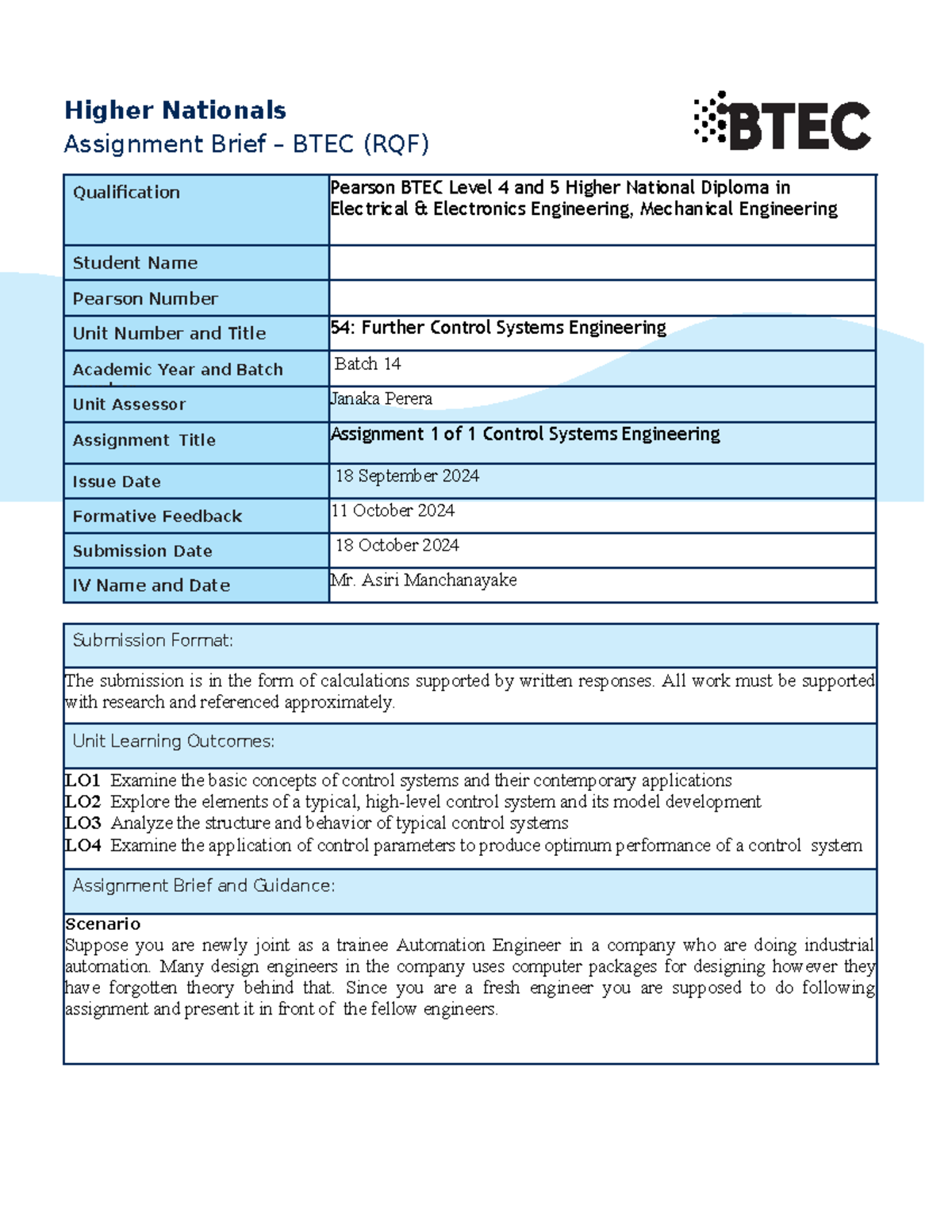 BTEC HND Electrical & Electronics: Further Control Systems Engineering - Studocu