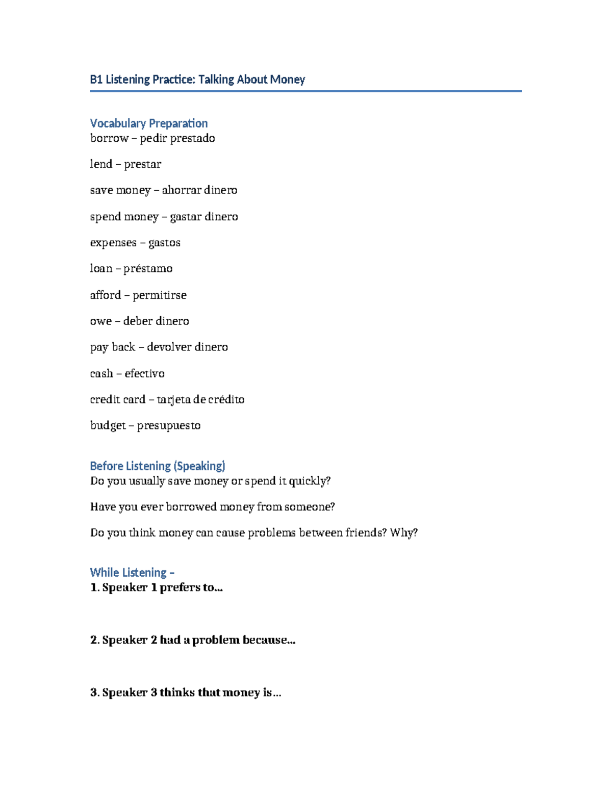 B1 Listening Practice: Money Vocabulary & Discussion Tips - Studocu