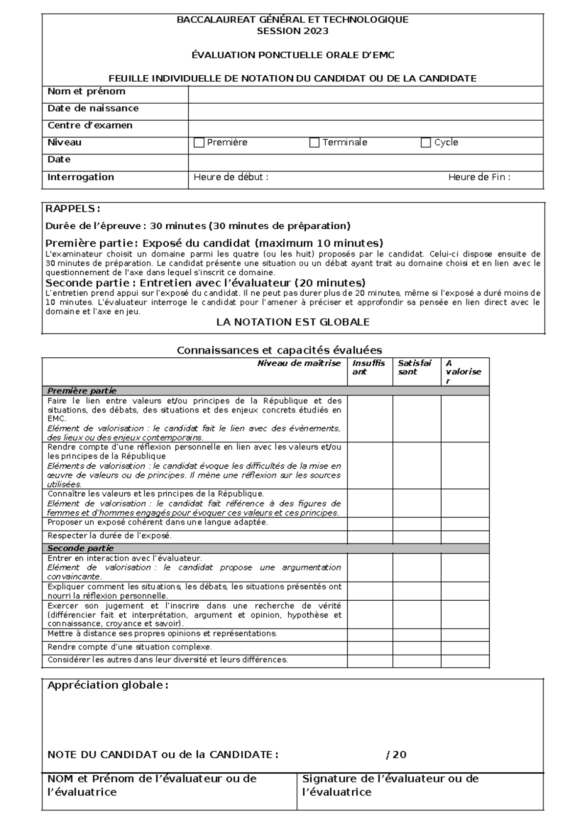 Grille d'Évaluation EMC - Baccalauréat Session 2023 - Studocu