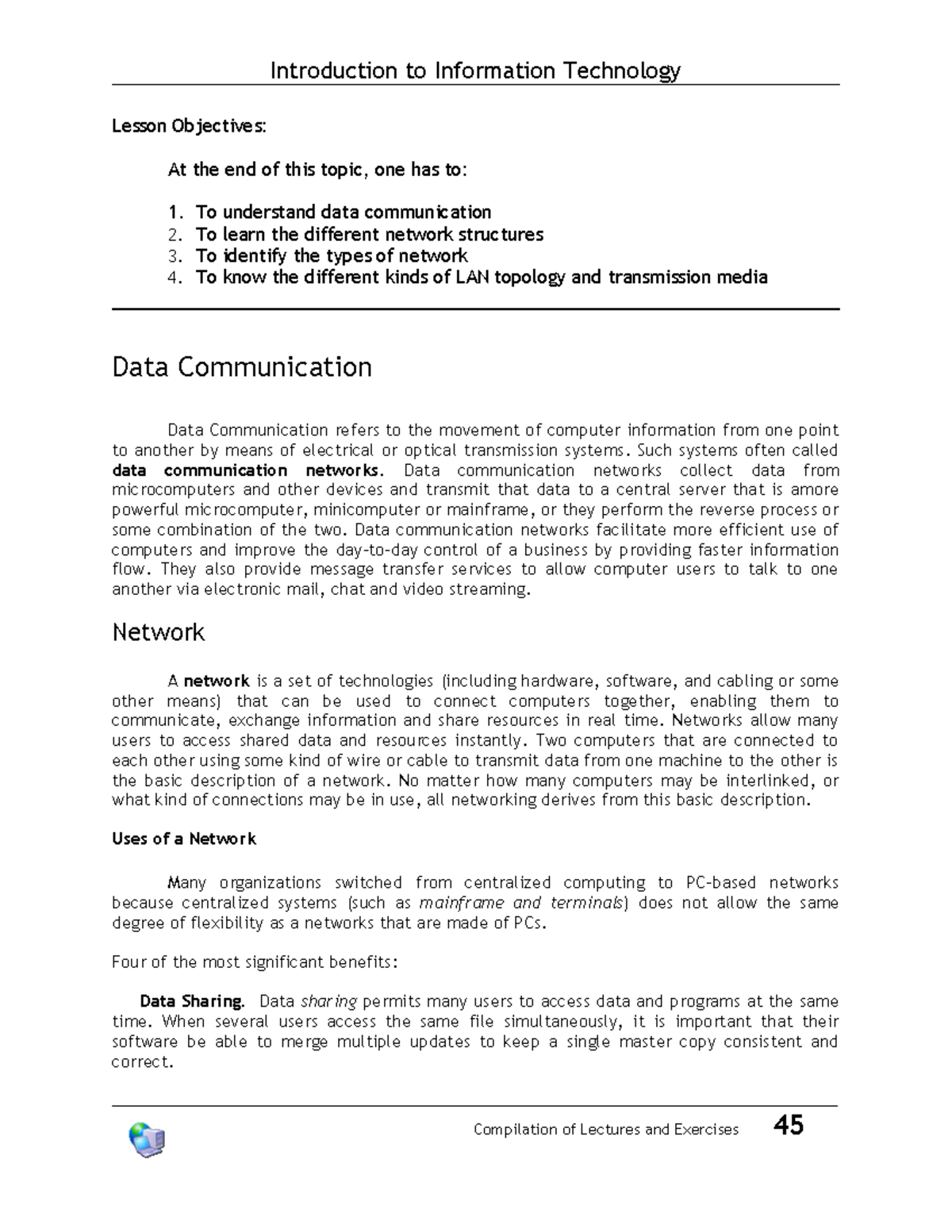 DATA Communication - Introduction to Information Technology Lesson Objectives: At the end of ...