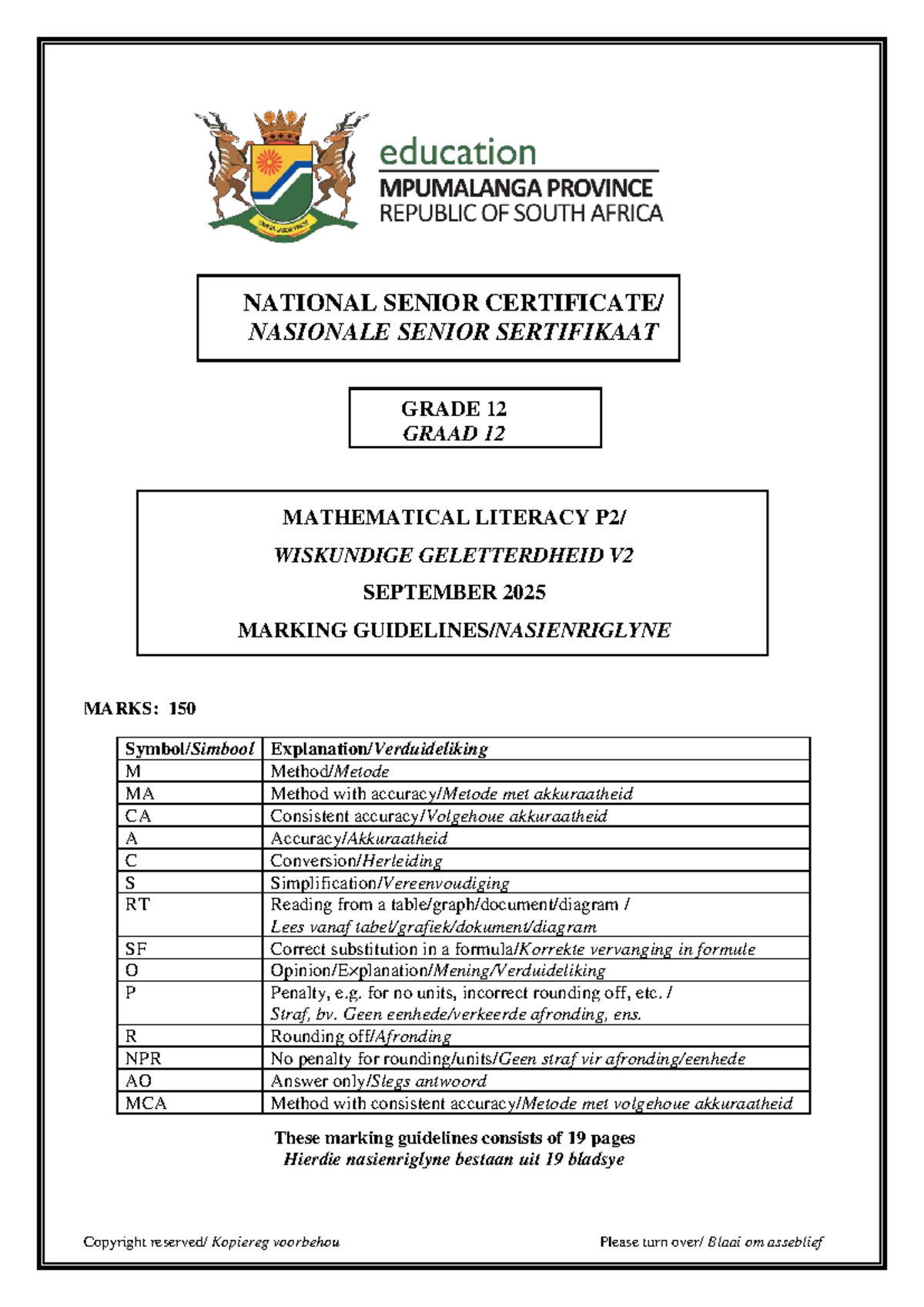 Mathematical Literacy P2 Marking Guidelines - September 2025 - Studocu
