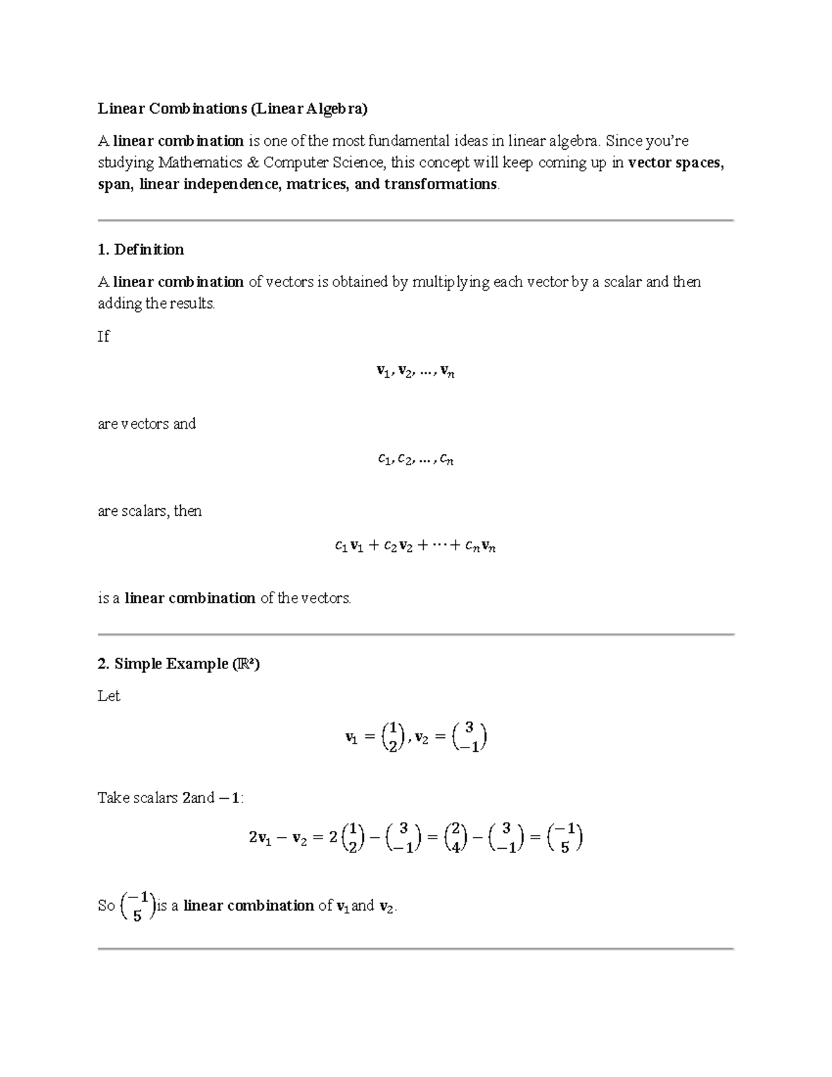 Linear Combinations in Linear Algebra: Key Concepts and Examples - Studocu