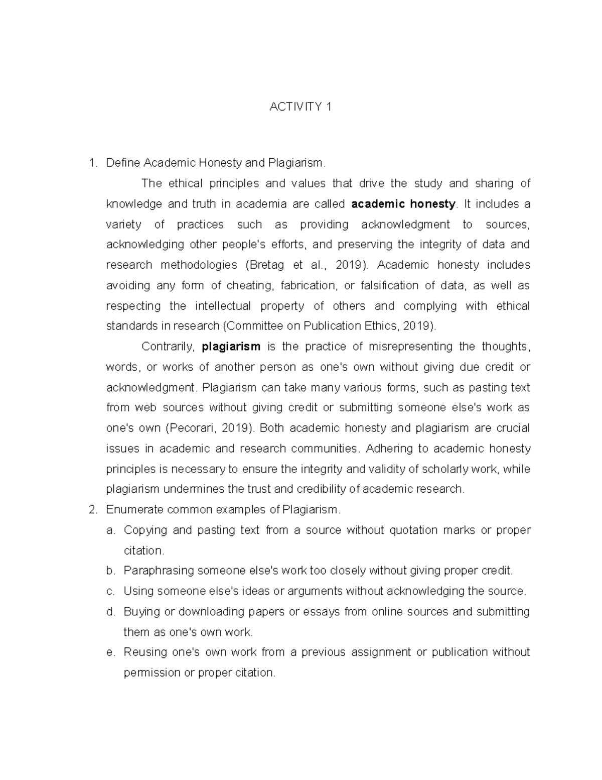 ACT 1 Plagiarism & Academic Honesty Overview - Studocu