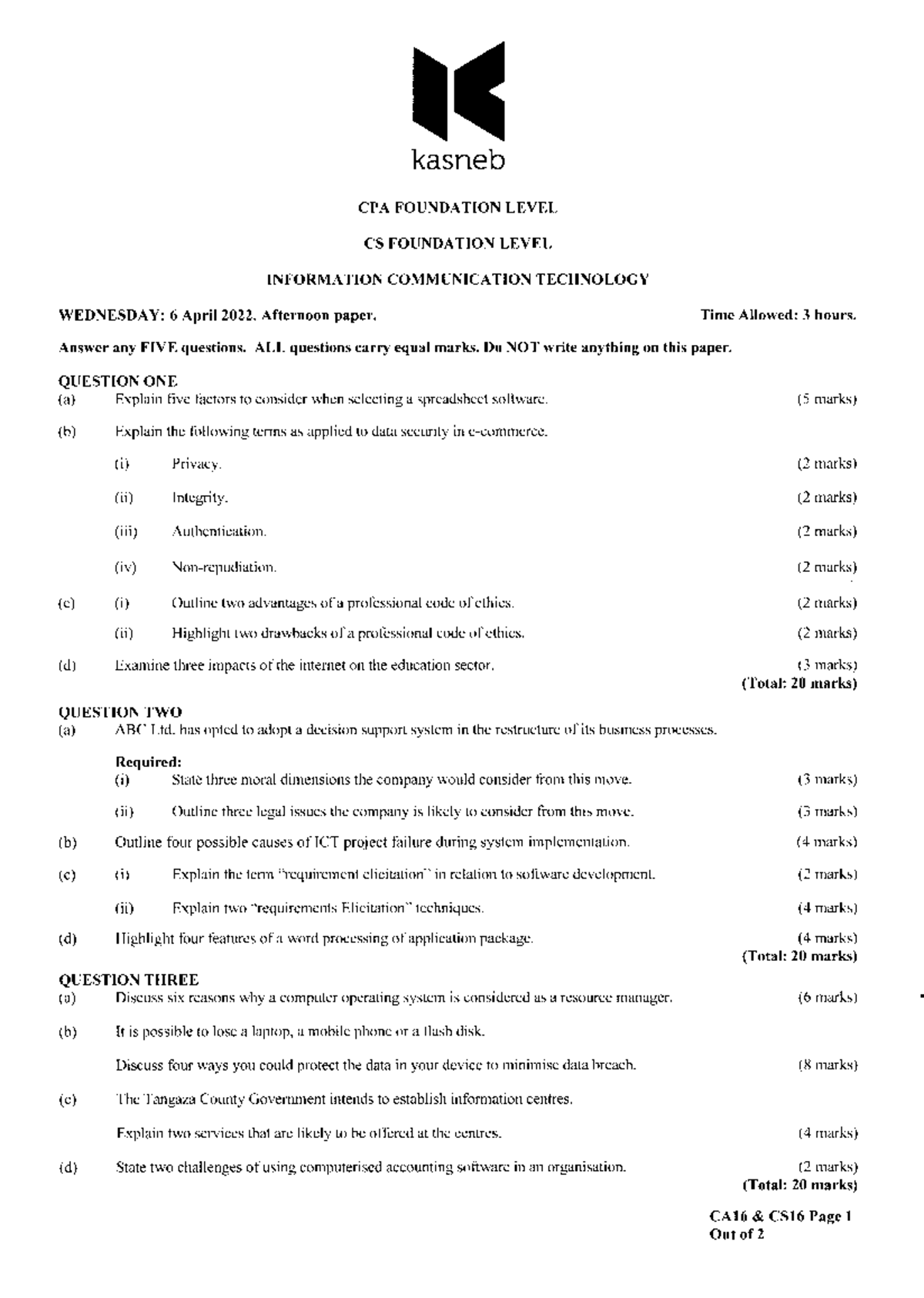 KASNEB Past Papers Compilation - April 2022 Edition - Studocu