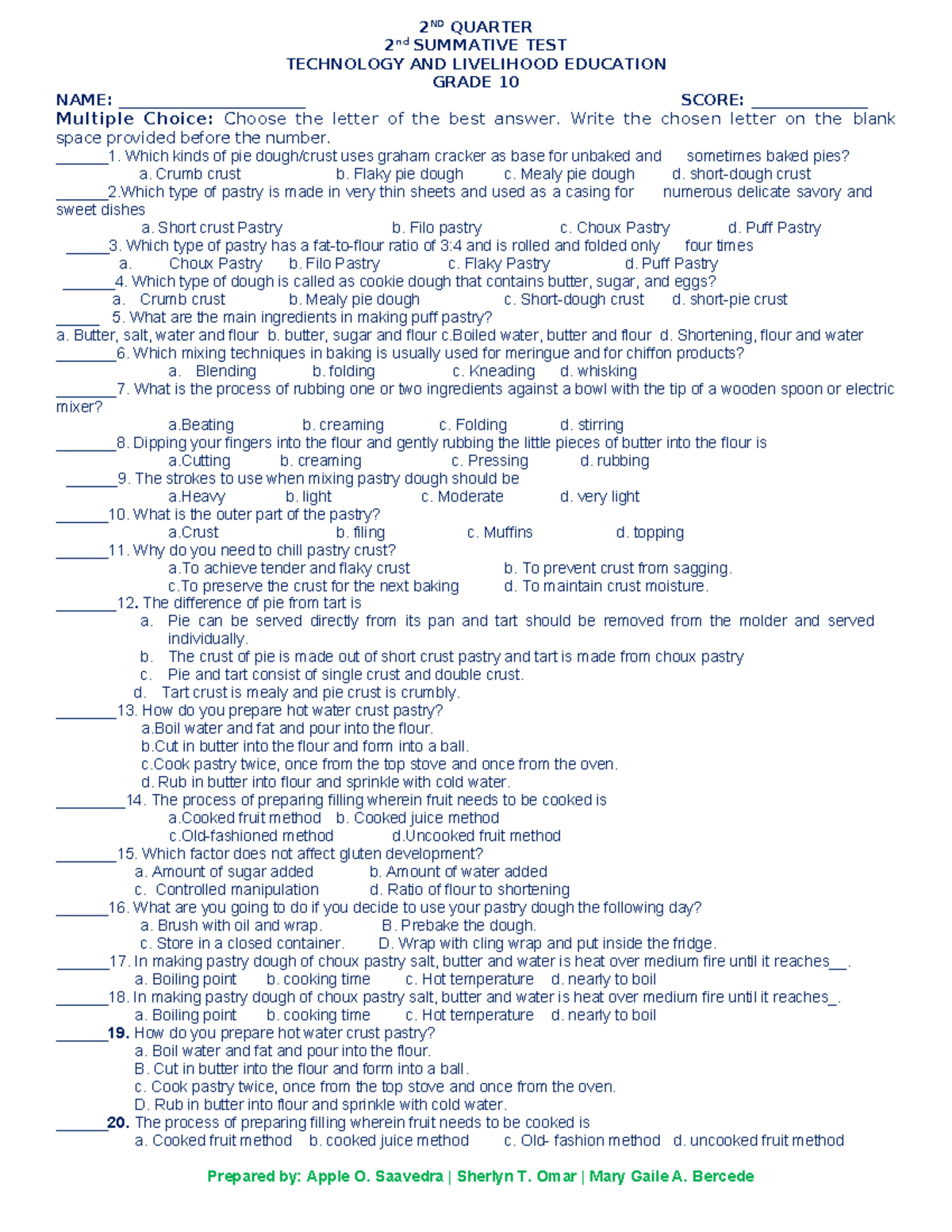 Tle 10 2ND summative test 2ND Quarter - 2 ND QUARTER 2 nd SUMMATIVE ...