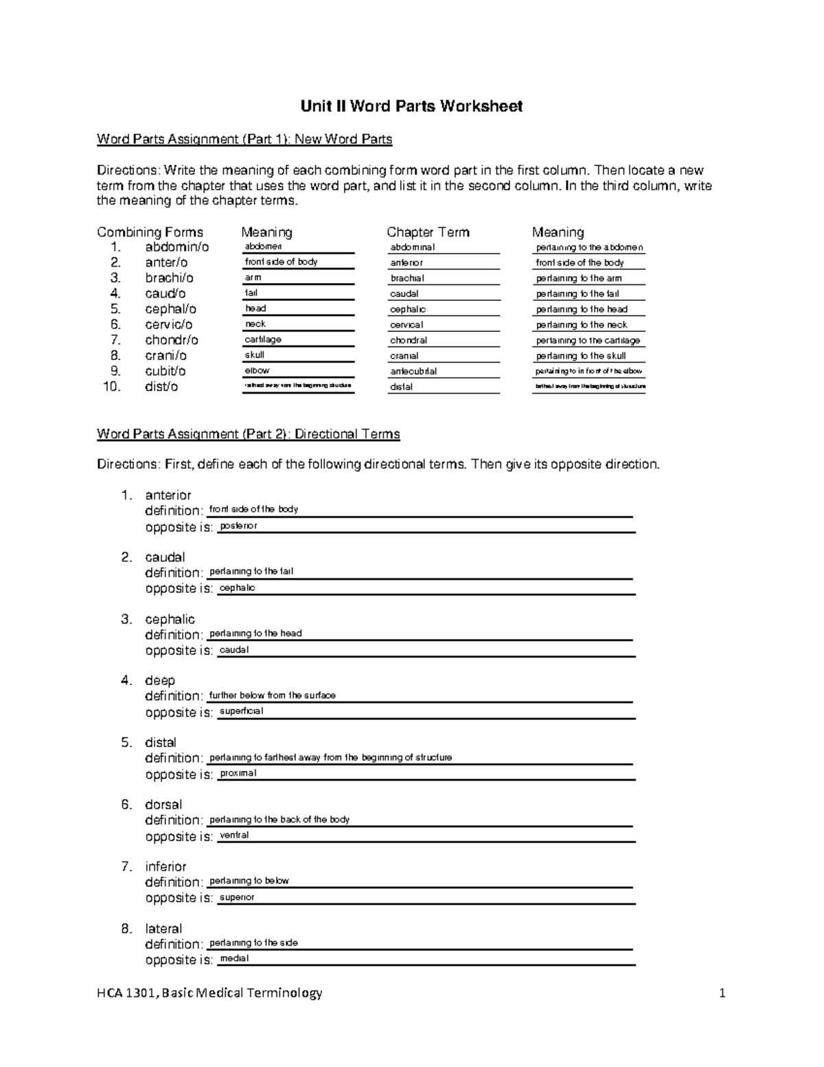 HCA 1301 - Unit II Word Parts & Case Study Worksheet - Studocu