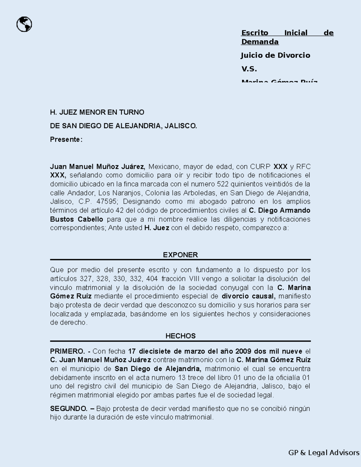Demanda de Divorcio Causal: Juan Manuel Muñoz Juárez vs. Marina Gómez ...