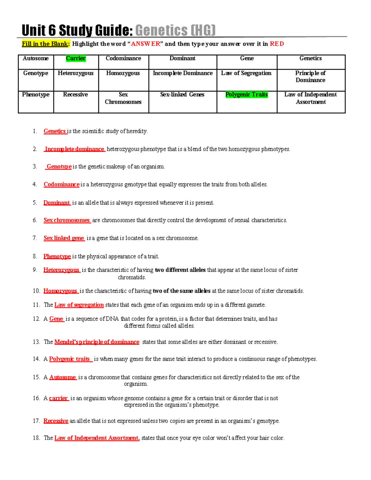 Genetics Study Guide Answers - Unit 6 (F22) - Studocu