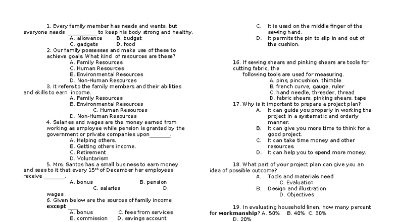 Summative Test 5: Family Budgeting and Sewing Tools - Studocu