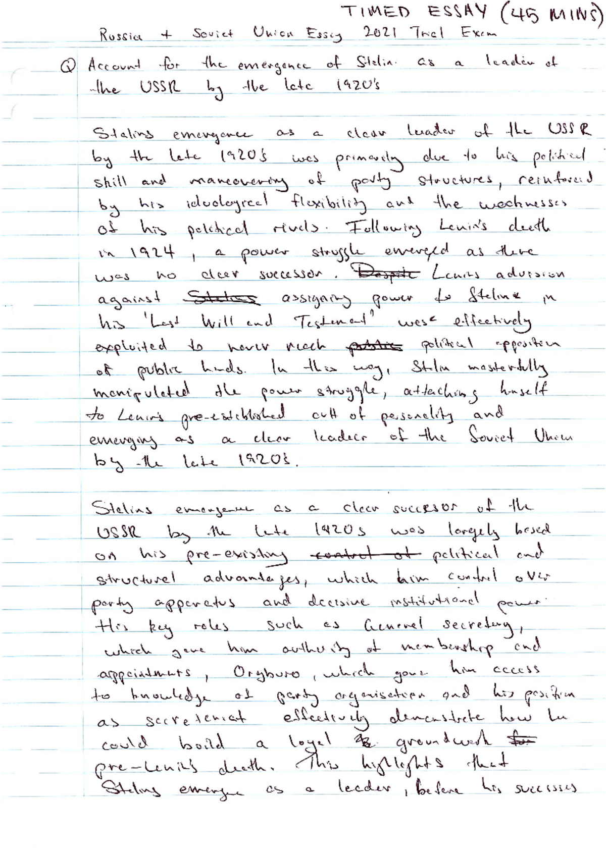 HIST 2021: Timed Essay on Stalin's Emergence as USSR Leader - Studocu