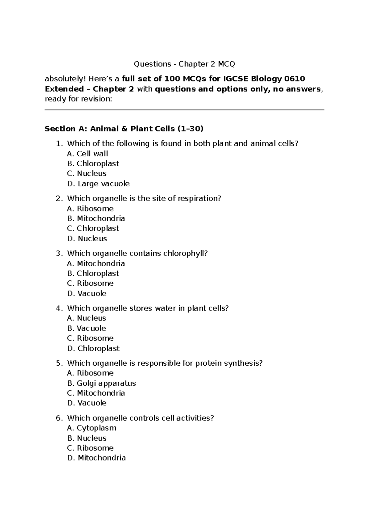 IGCSE Biology 0610 Extended Chapter 2 MCQs - 100 Questions for Revision ...