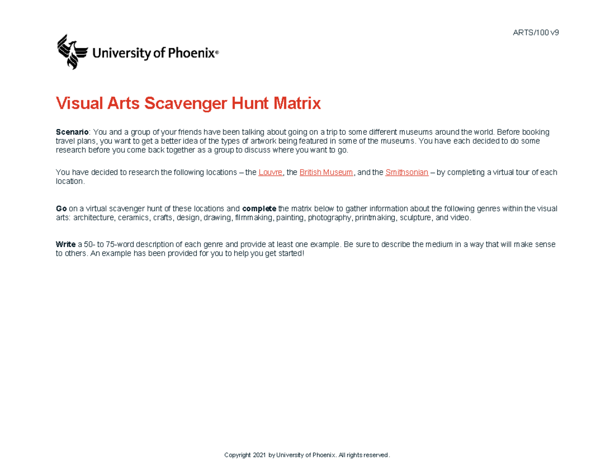 Arts100 v9 wk2 Visual Arts Scavenger Hunt Matrix Analysis - Studocu
