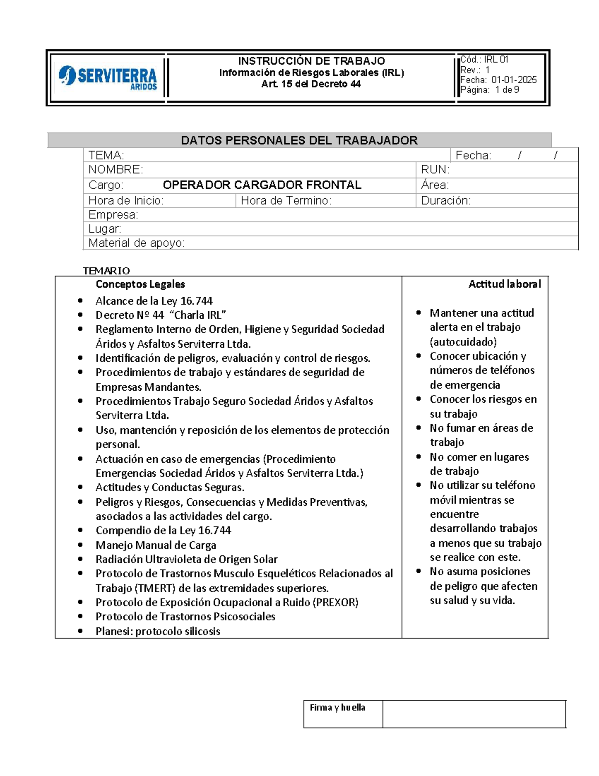 Instrucción de Trabajo IRL 01: Seguridad para Operador Cargador Frontal ...