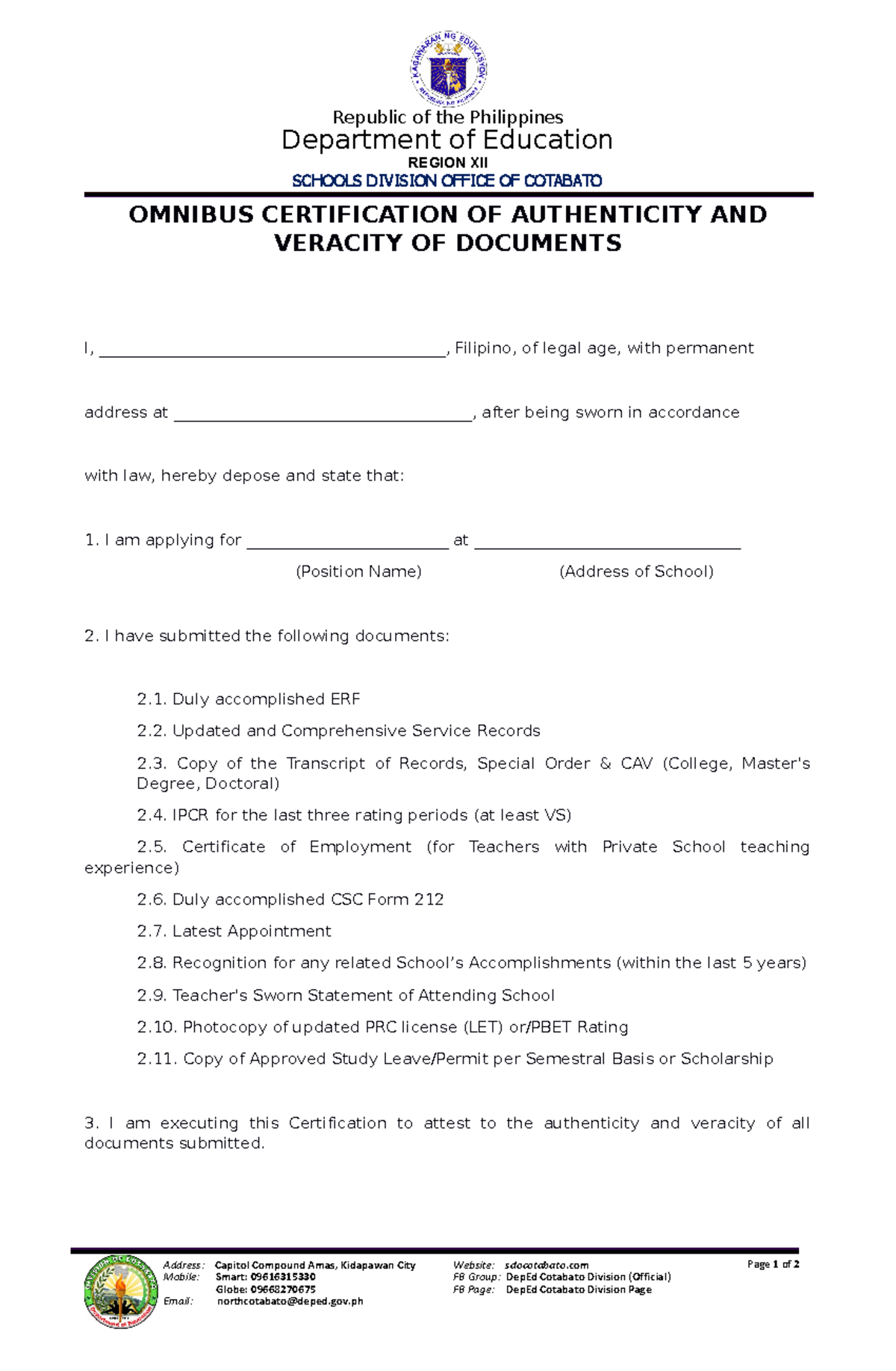 Omnibus Certification Sample for Public School Application - Studocu
