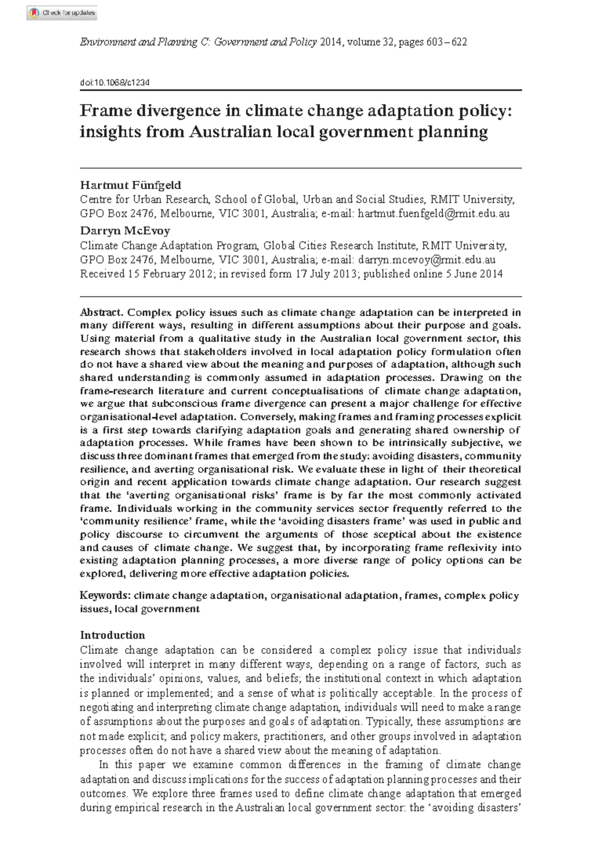 Frame Divergence in Climate Change Adaptation Policy: Insights from ...