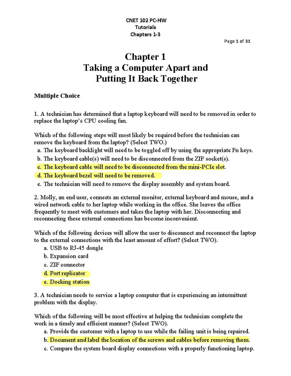 CNET101 Tutorial Ch 1 3 with answers - Tutorials Chapters 1- Page 1 of ...