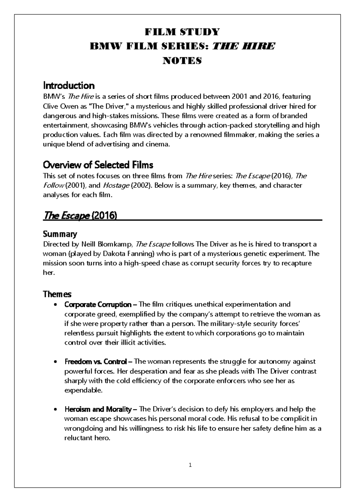 BMW Film Series: The Hire - In-Depth Analysis & Key Insights - Studocu