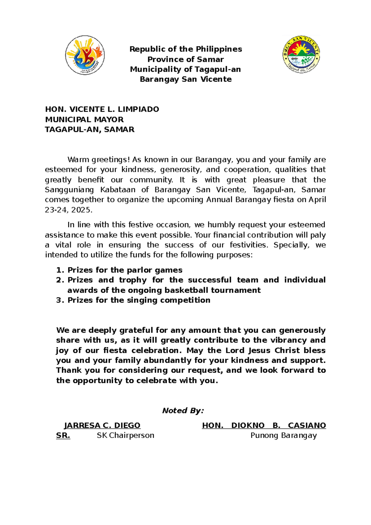 Solicitation letter for annual barangay fiesta 2025 in San Vicente ...