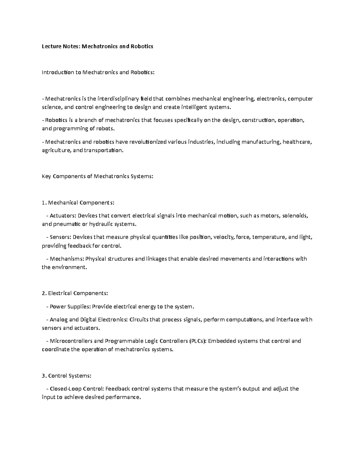 Lecture Notes Mechatronics And Robotics Lecture Notes Mechatronics