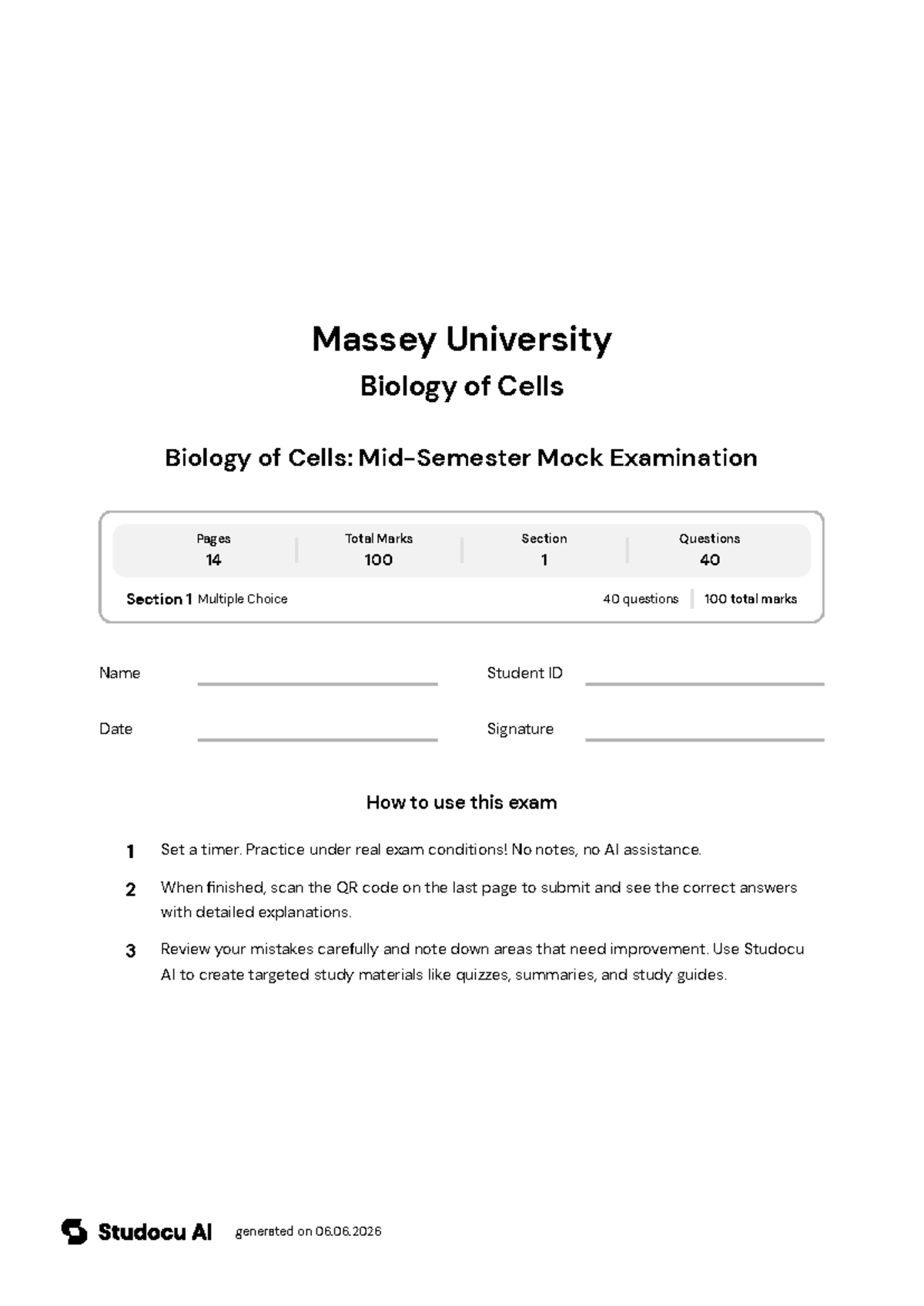 162.101 Biology of Cells: Mid-Semester Mock Exam - Studocu