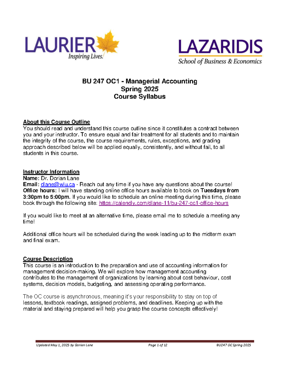 BU247 OC1 Managerial Accounting Spring 2025 Course Syllabus - Studocu