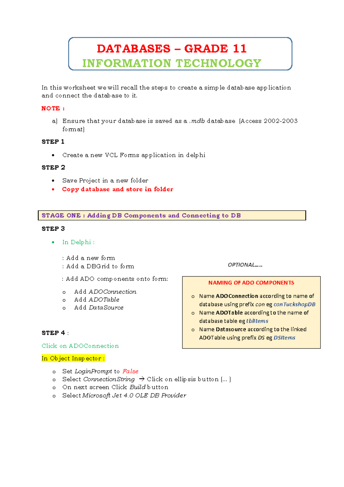 DATABASES GRADE 11 IT: Creating a Simple Database App Guide - Studocu