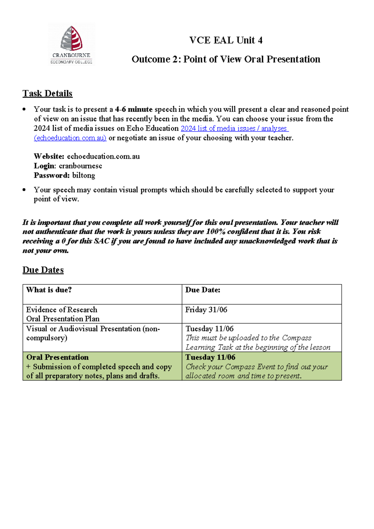 2024 EAL Unit 4 Outcome 2: Point of View Oral Presentation Guide - Studocu