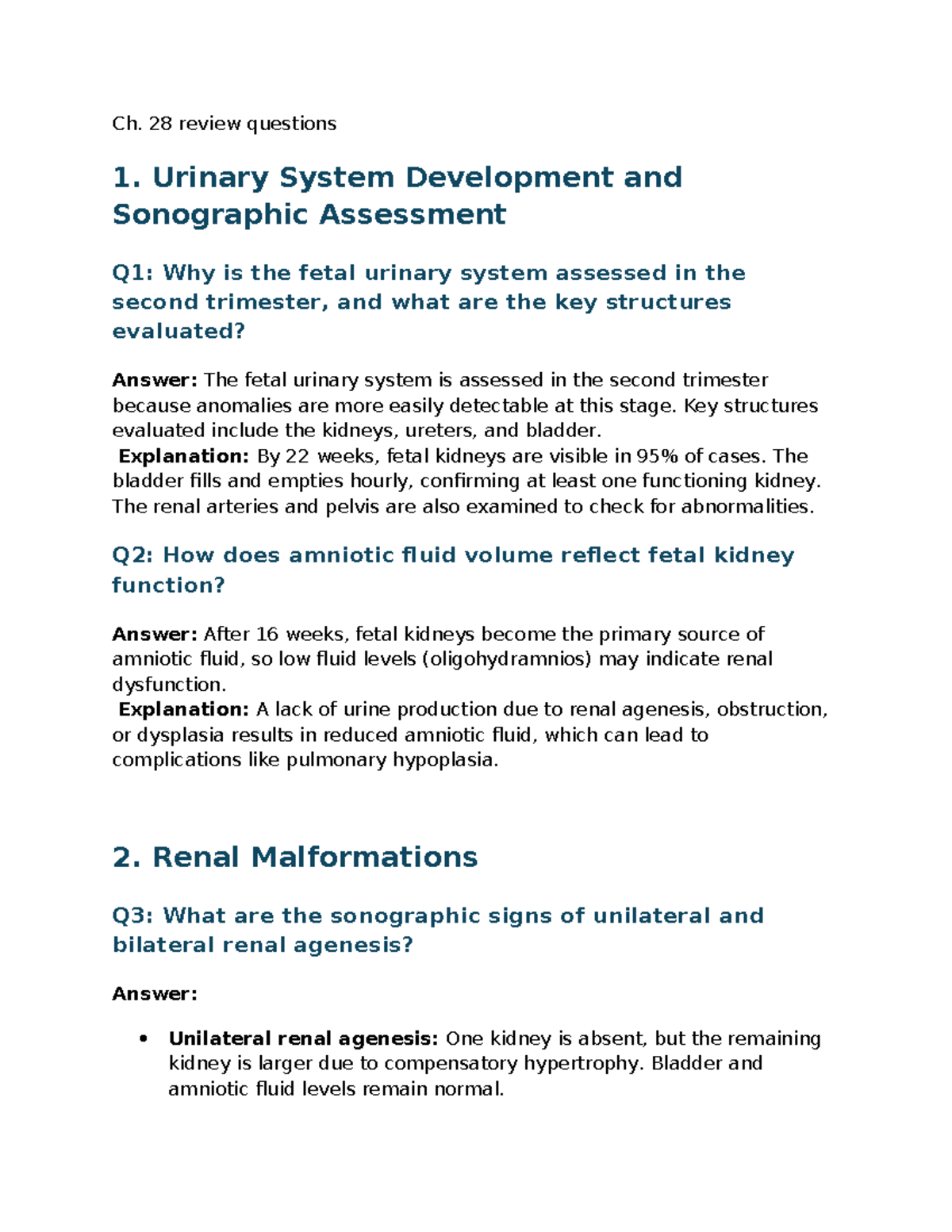Ch. 28 Review Questions: Fetal Urinary System & Anomalies Assessment ...