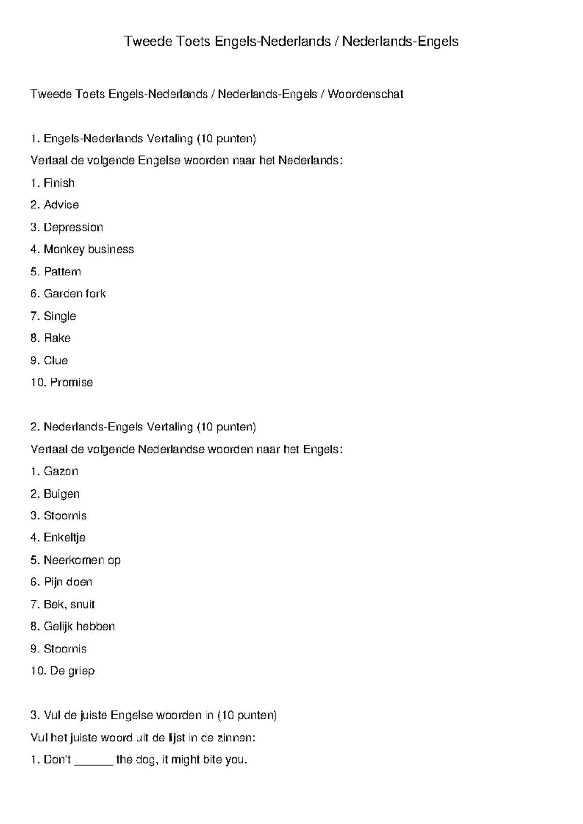 Tweede Toets Engels-Nederlands / Nederlands-Engels Antwoordenblad ...