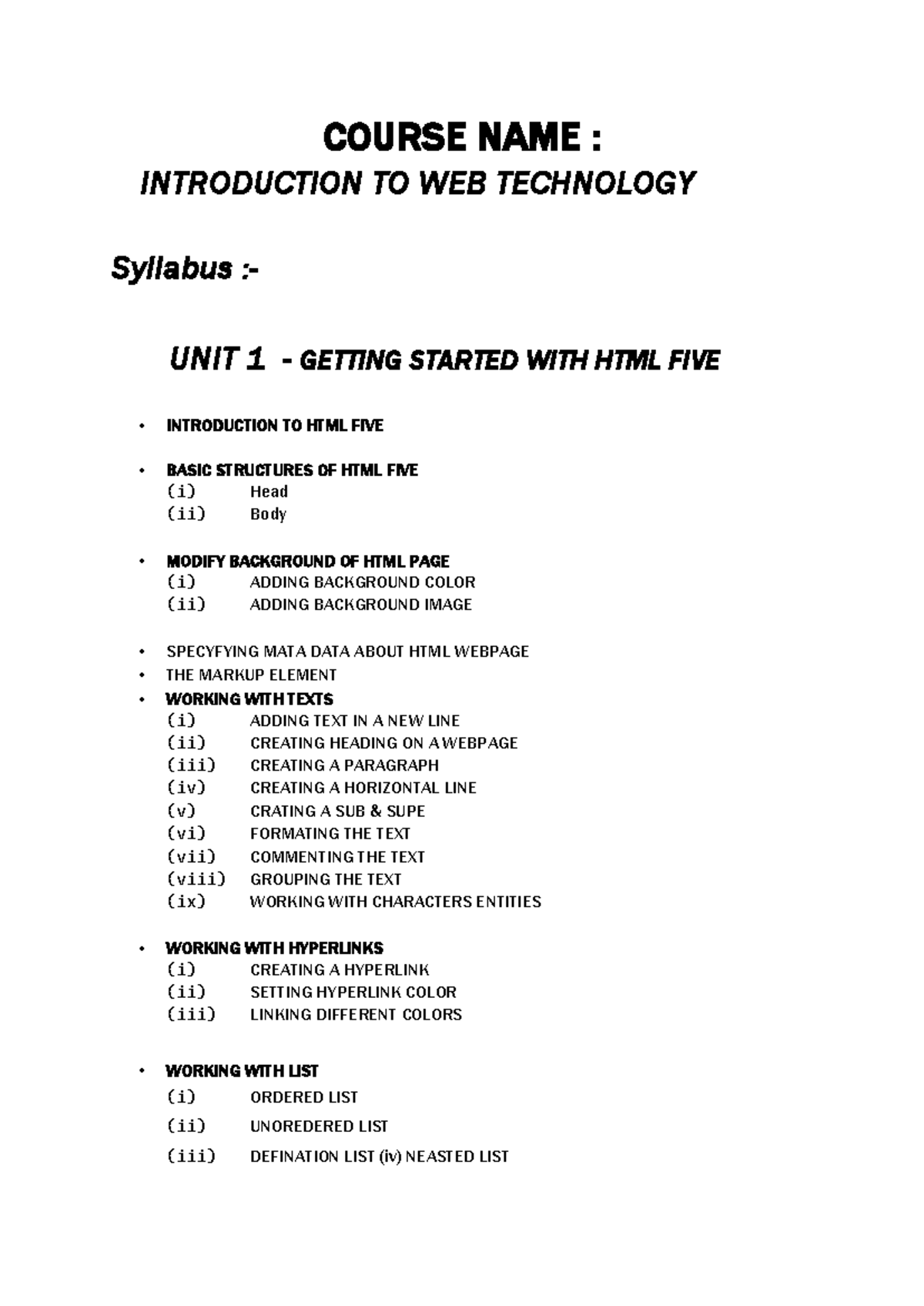 UNIT 1 - HTML Basics and Structure Notes (Course Code: WEB101) - Studocu