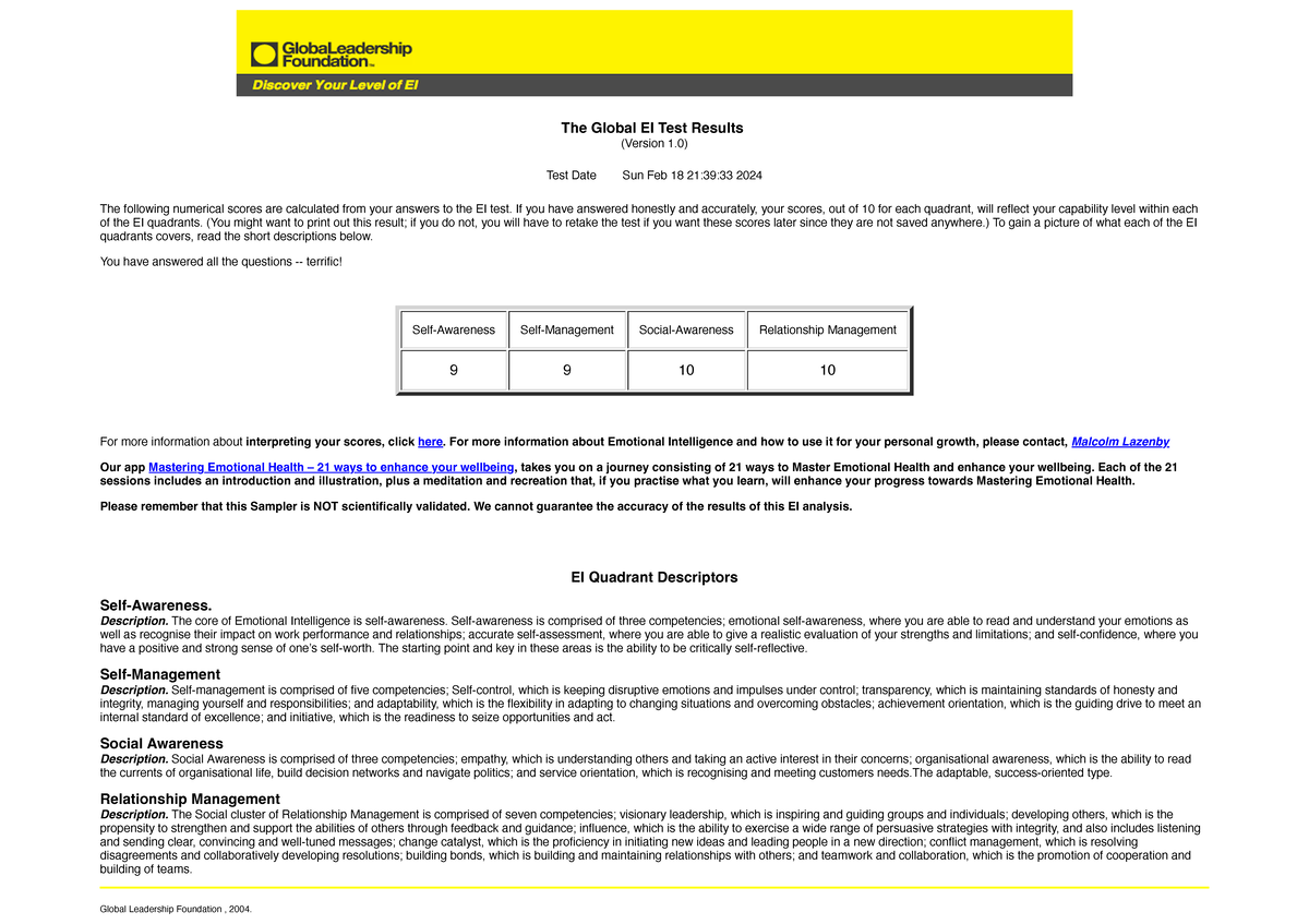 Emotional Intelligence Test Results - Insights & Quadrant Scores - Studocu