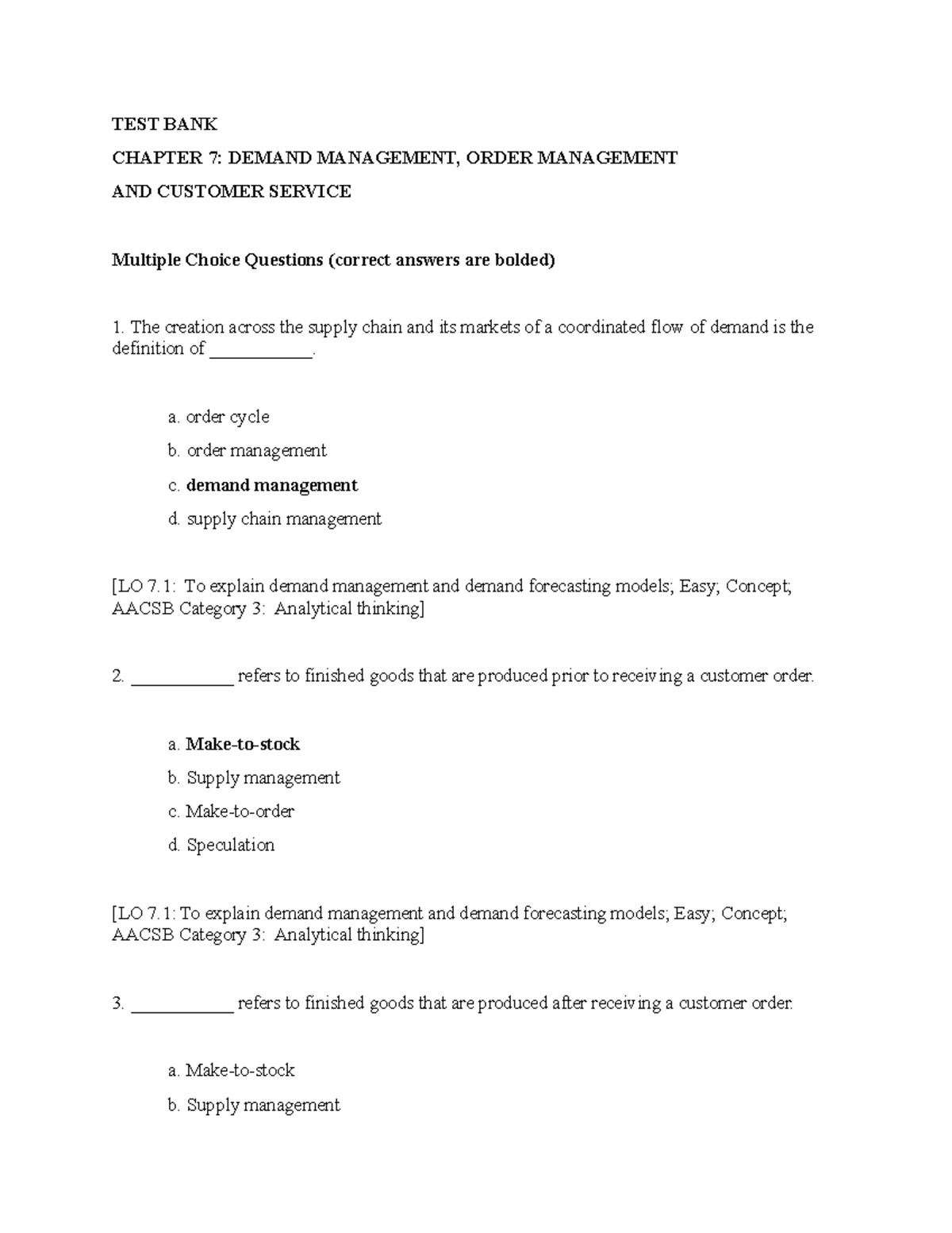TEST BANK - CH 7 Demand & Order Management Overview - Studocu