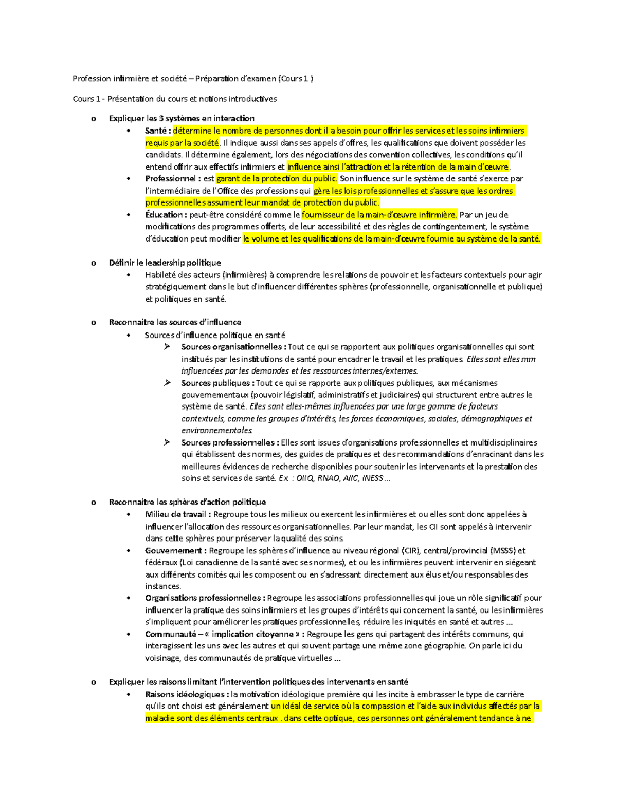 Préparation d'Examen - Profession Infirmière et Société (Cours 1) - Studocu