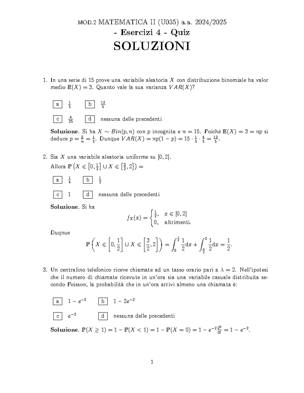Esercizi e Soluzioni Quiz MOD.2 MATEMATICA II (U035) - Studocu
