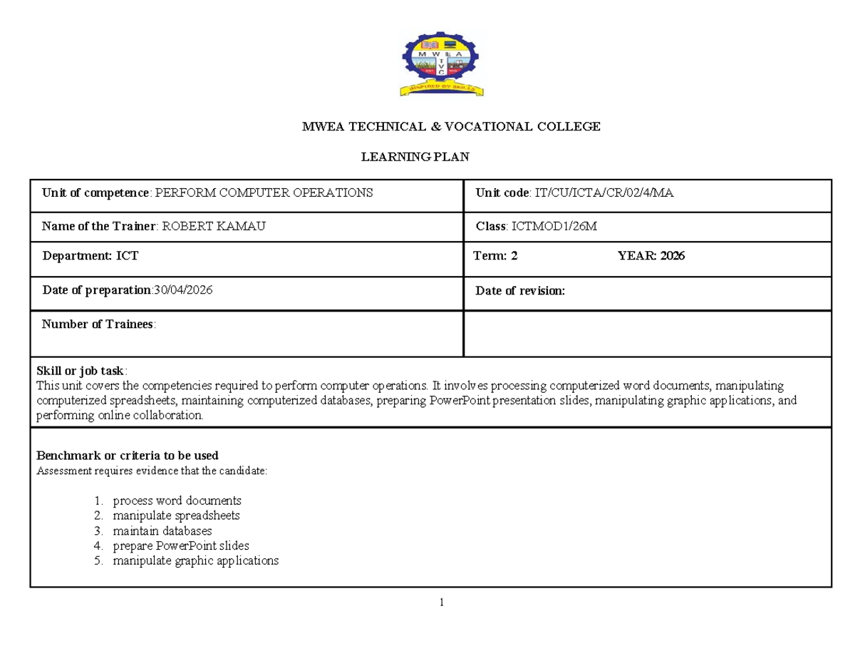 ICT MOD 1: Computer Operations Learning Plan (May-Aug 2026) - Studocu