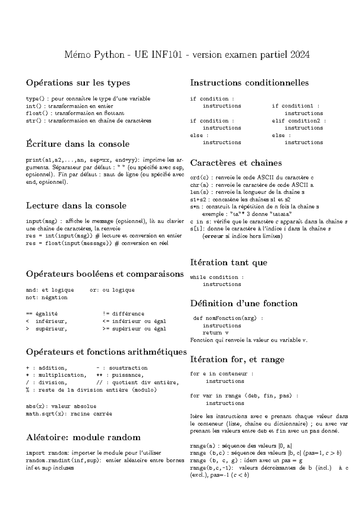 Python UE INF101 Examen Partiel 2024: Types et Instructions - Studocu
