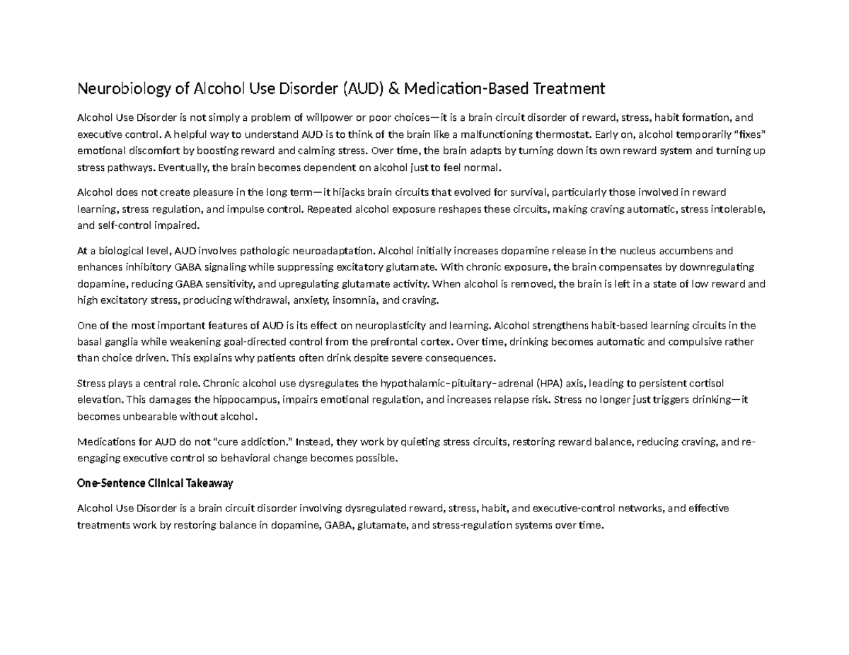 Neurobiology of Alcohol Use Disorder (AUD) Treatment Notes - Studocu