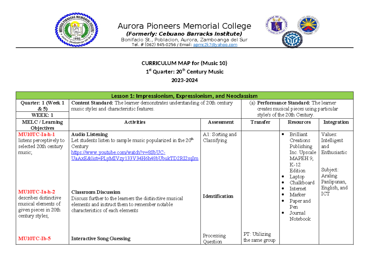 Curriculum Map for Music 10 - Q1 2023-2024 at Aurora College - Studocu