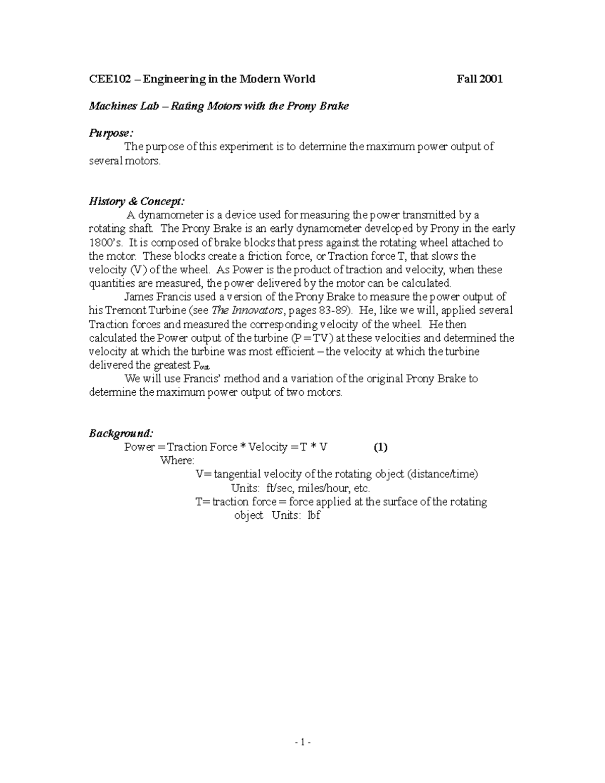 CEE102 – Machines Lab: Maximum Power Output via Prony Brake Experiment ...