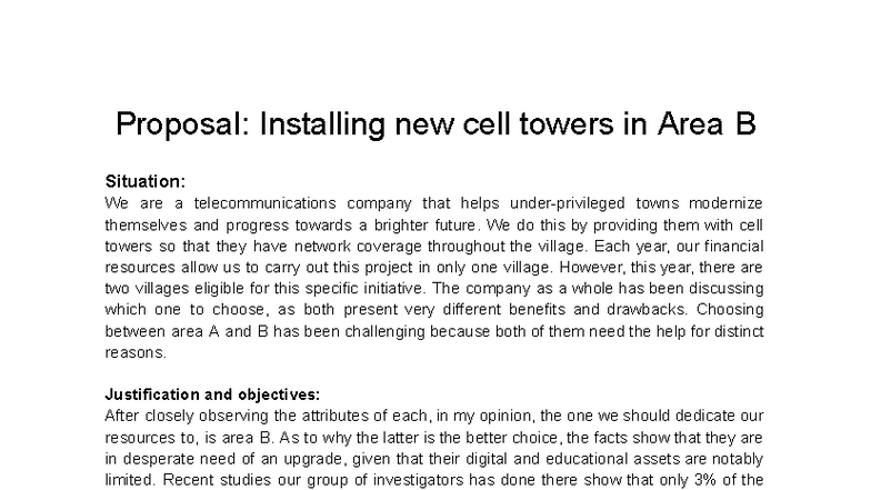 Proposal: Installing New Cell Towers in Area B for Modernization - Studocu