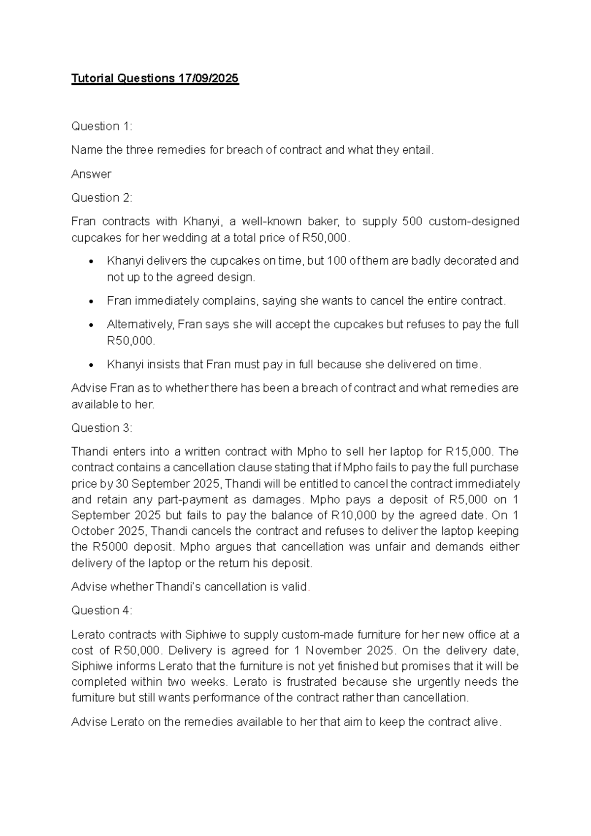 Tutorial Questions on Breach of Contract Remedies (Chapters 12 & 13 ...