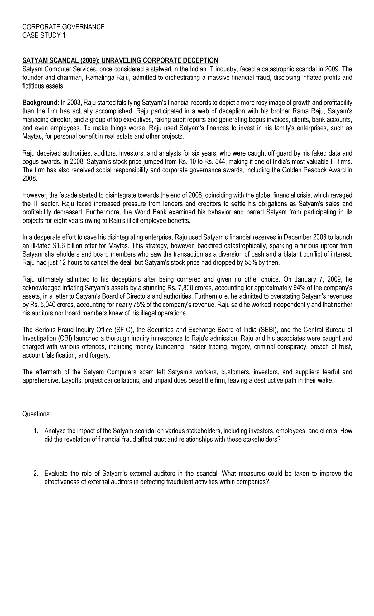 Corporate Governance case study sample - CORPORATE GOVERNANCE CASE ...