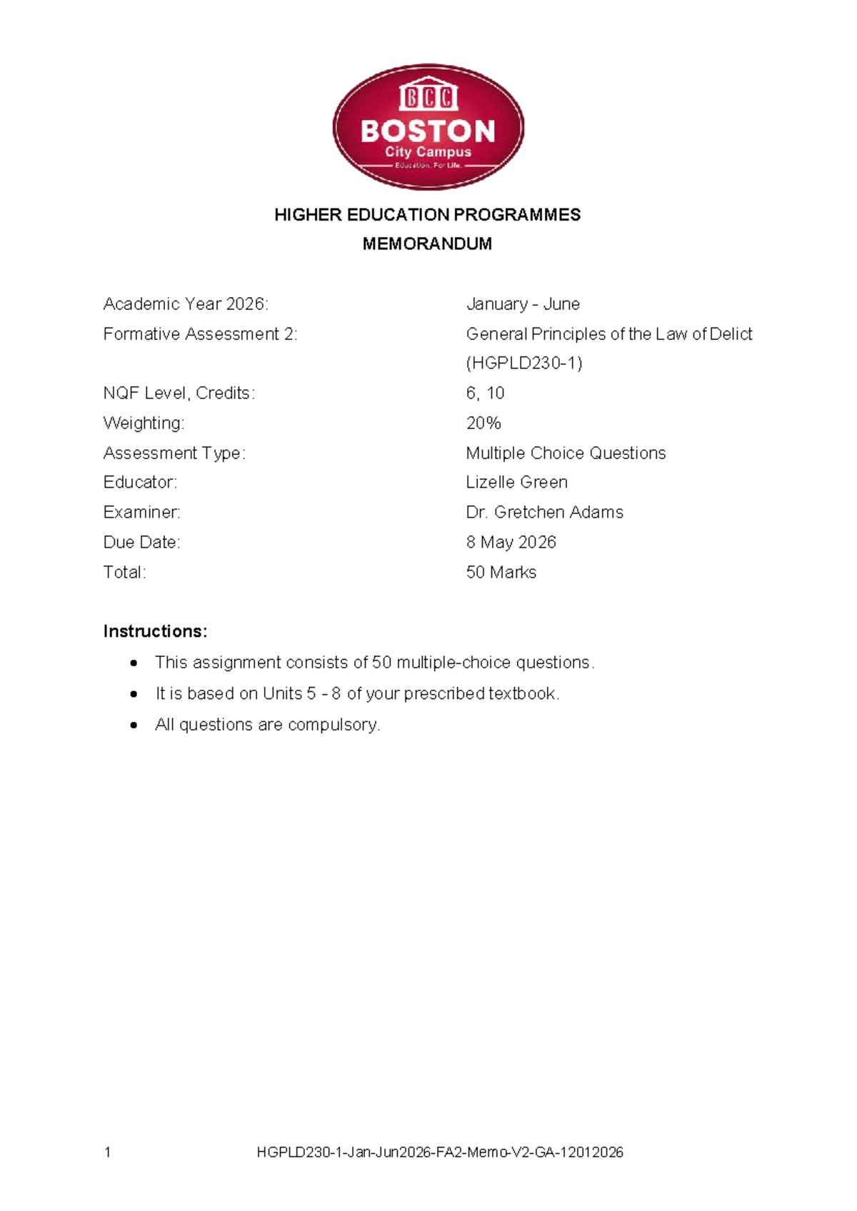 Hgpld 230-1: Jan-Jun 2026 FA2 Memo on General Principles of Delict ...