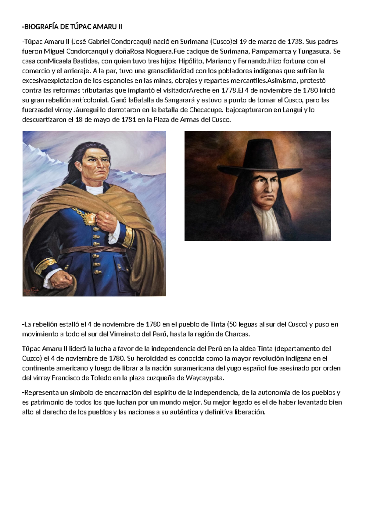 Biografía de Túpac Amaru II: Lucha por la Independencia en Perú - Studocu